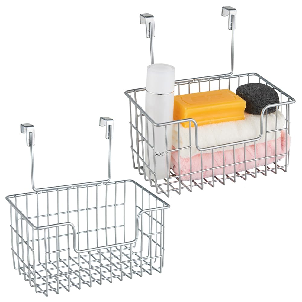 JUNCHU CHERRY 2 Pack The Cabinet Door Organizer, Hanging Wall Mount Storage Wire Basket,Grid Storage Basket for Kitchen,Pantry Bathroom,Cabinet,Chrome