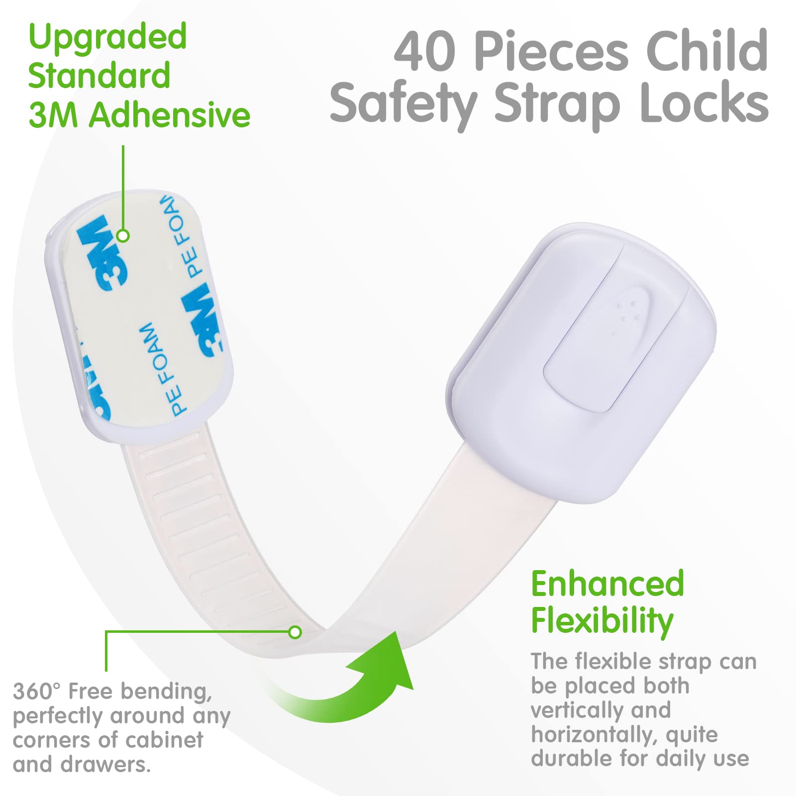 40 Pack Baby Proofing Strap Locks Bulk Child Safety Cabinet Latches Childproof Drawer Locks Adhesives Multi Use for Fridge, Dishwasher, Toilet Seat, Cupboard, Oven, Trash Can, No Drilling