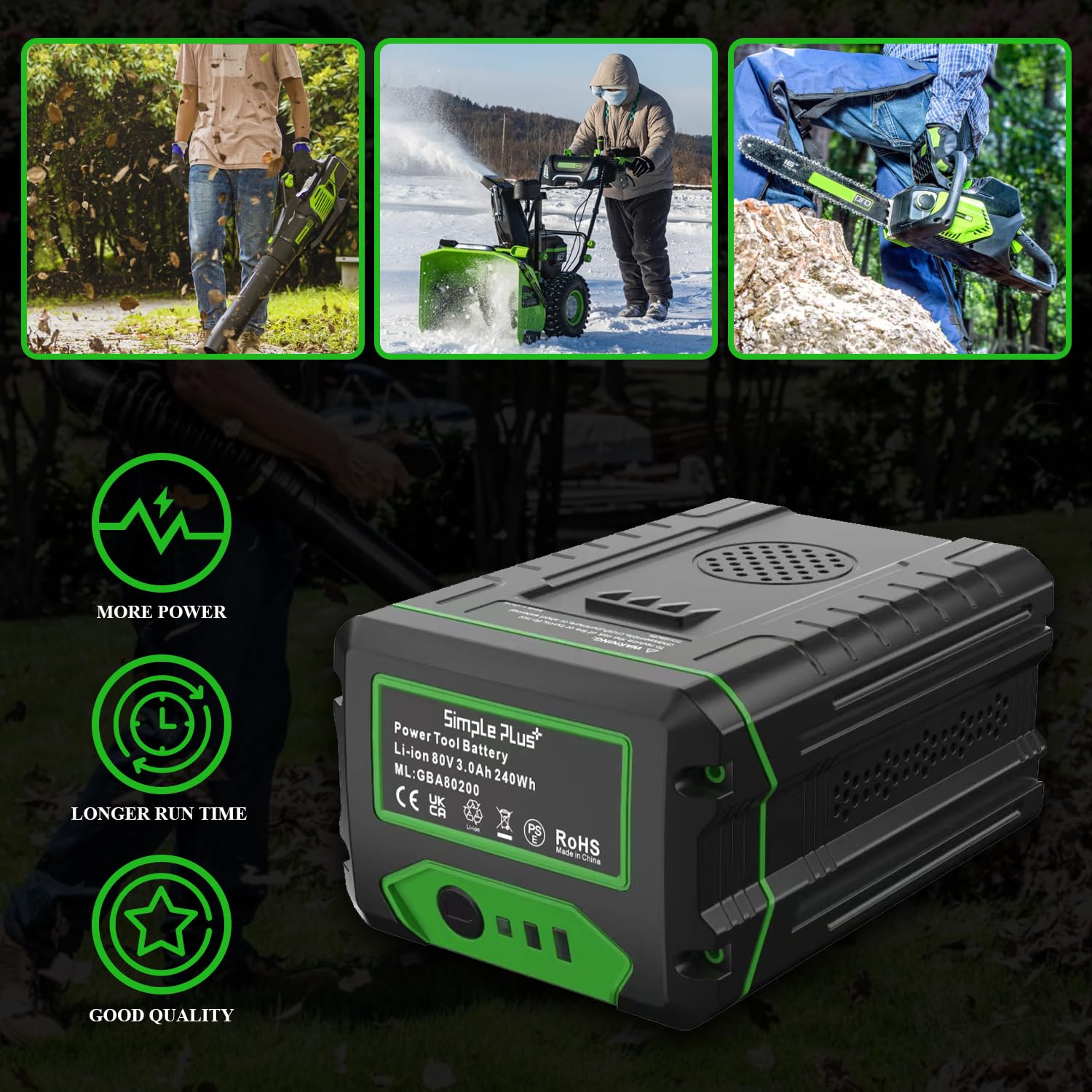 Simple Plus+ 80V 3.0Ah Replace Battery for Greenworks 80V Battery Max Lithium lon Battery Pro GBA80200 GBA80250 GBA80400 GBA80500 for Greenworks 80V Cordless Power Tool