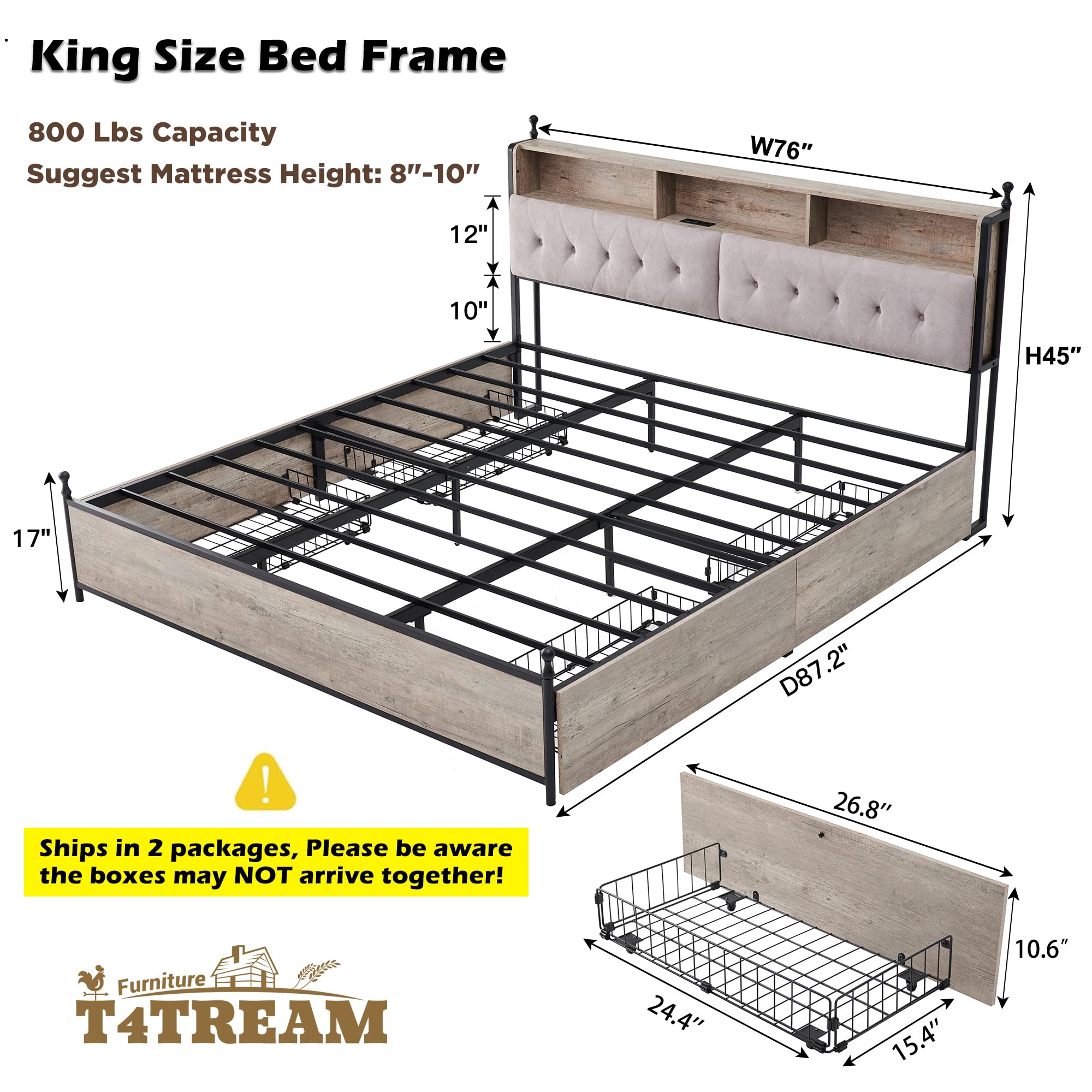 T4TREAM King Bed Frame with Storage Upholstered Headboard and 4 Drawers, Farmhouse Metal Platform Bed w/LED Lights & Charging Station, Stable & Easy Assembly, No Box Spring Needed, Dark Rustic Oak