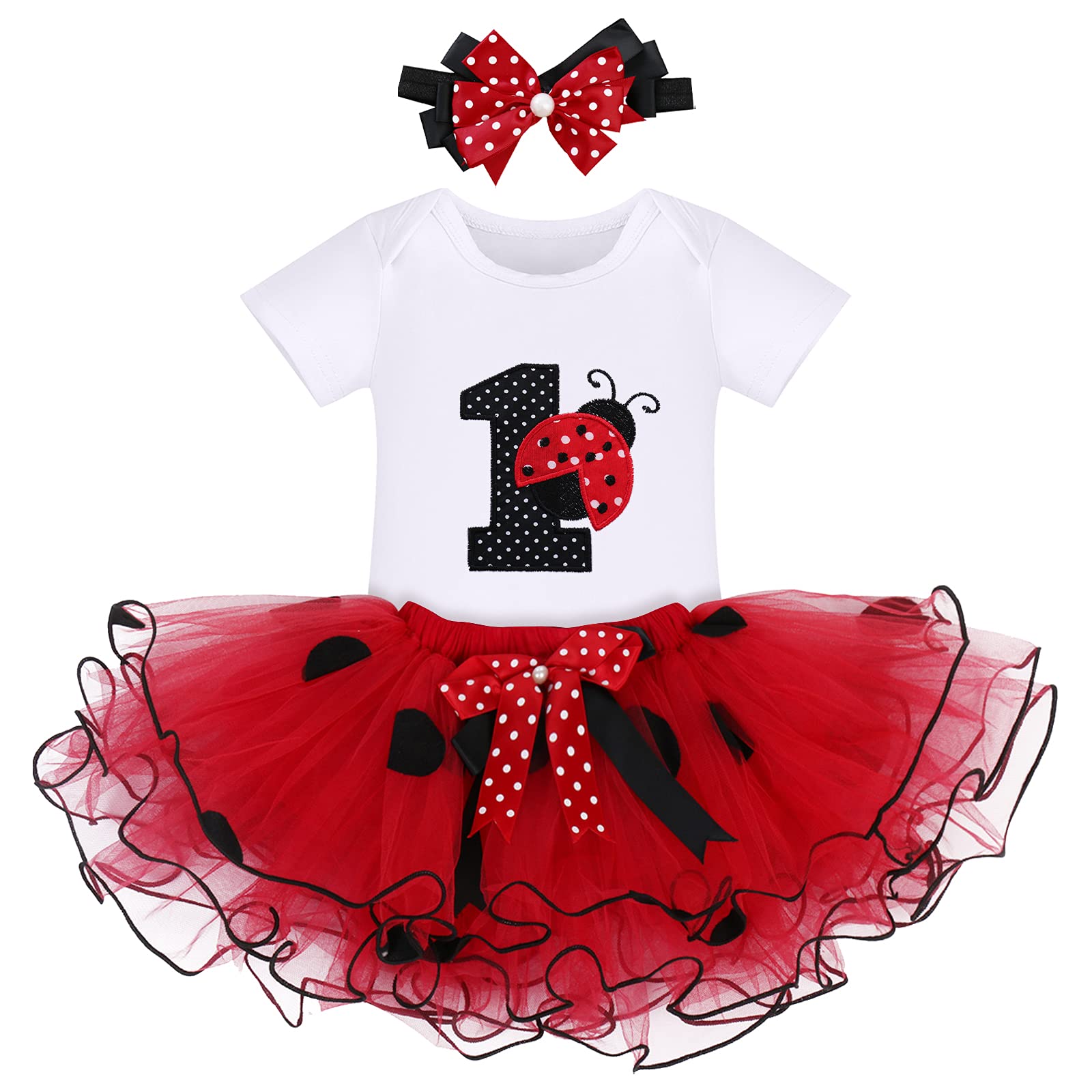 First Birthday Outfit Girl: Baby Girls 1st Birthday Cake Smash 3pcs Outfits Set Cotton One Year Old Romper Bodysuit+Tutu Dress+Flower Headband Princess Skirt Clothes Photoshoot (3pcs Red Ladybug)