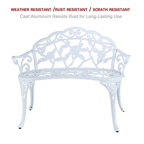 C/G Patio Balcony Bench Double Seat, Anti-Rust Cast Aluminum Patio Garden Bench for Park Yard Outdoor Furniture White