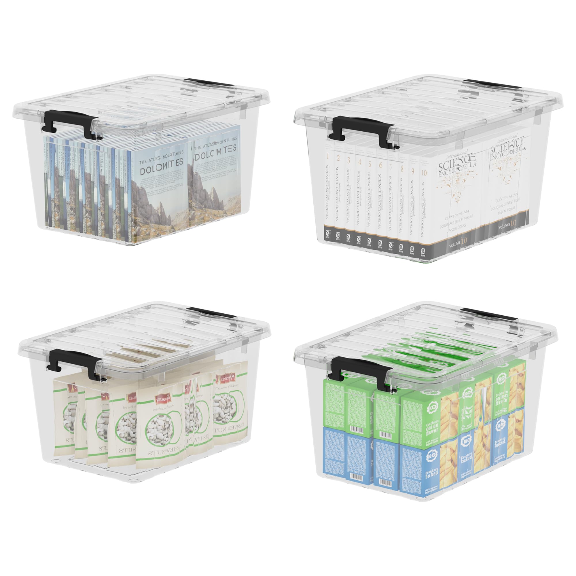 Cetomo 18Qt*4 Plastic Storage Bins, Storage Box, 4 Pack, Organizing Container with Durable Lid and Secure Clips, Stackable and Nestable, Clear with Black Buckle