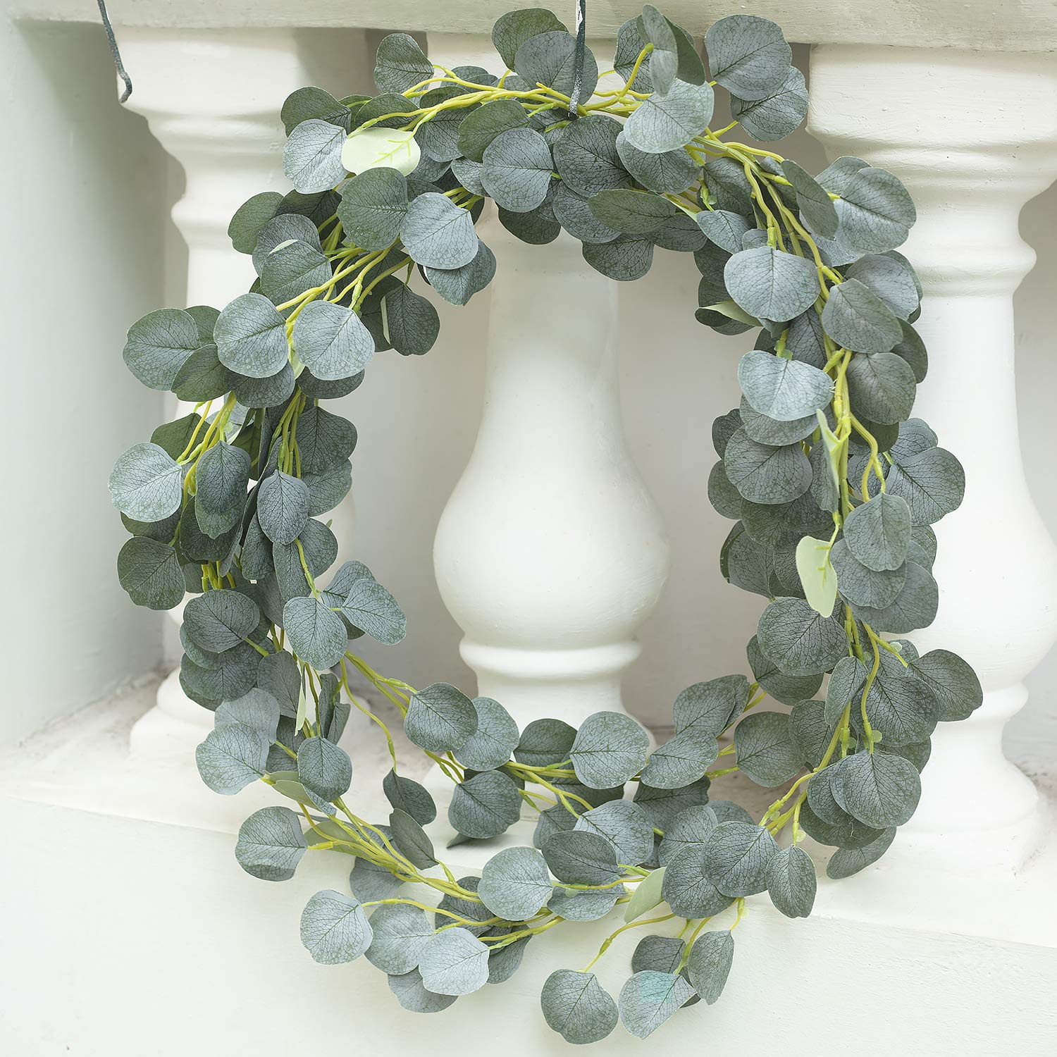 COOWAS 2 Pack Artificial Eucalyptus Leaves Garland Feet Fake Vine Leaves Greenery for Wedding Party Outdoor Garden Office Home Kitchen Bedroom Wall Decor