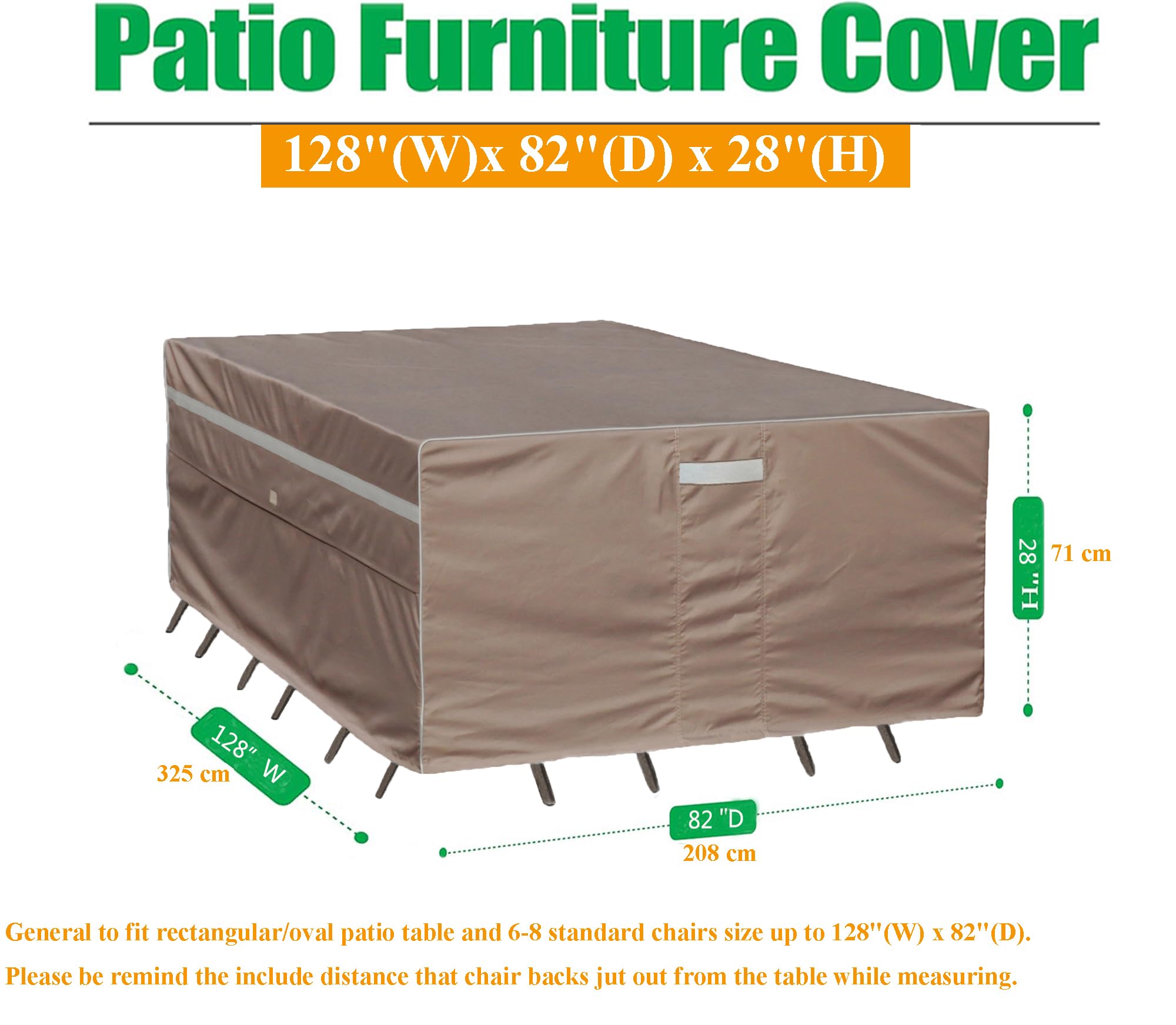 Garden Balsam Heavy Duty Waterproof Patio Furniture Covers,Fade Resistant Outdoor Table and Chair Covers Rectangular 128"Wx 82"D x 28"H Brown