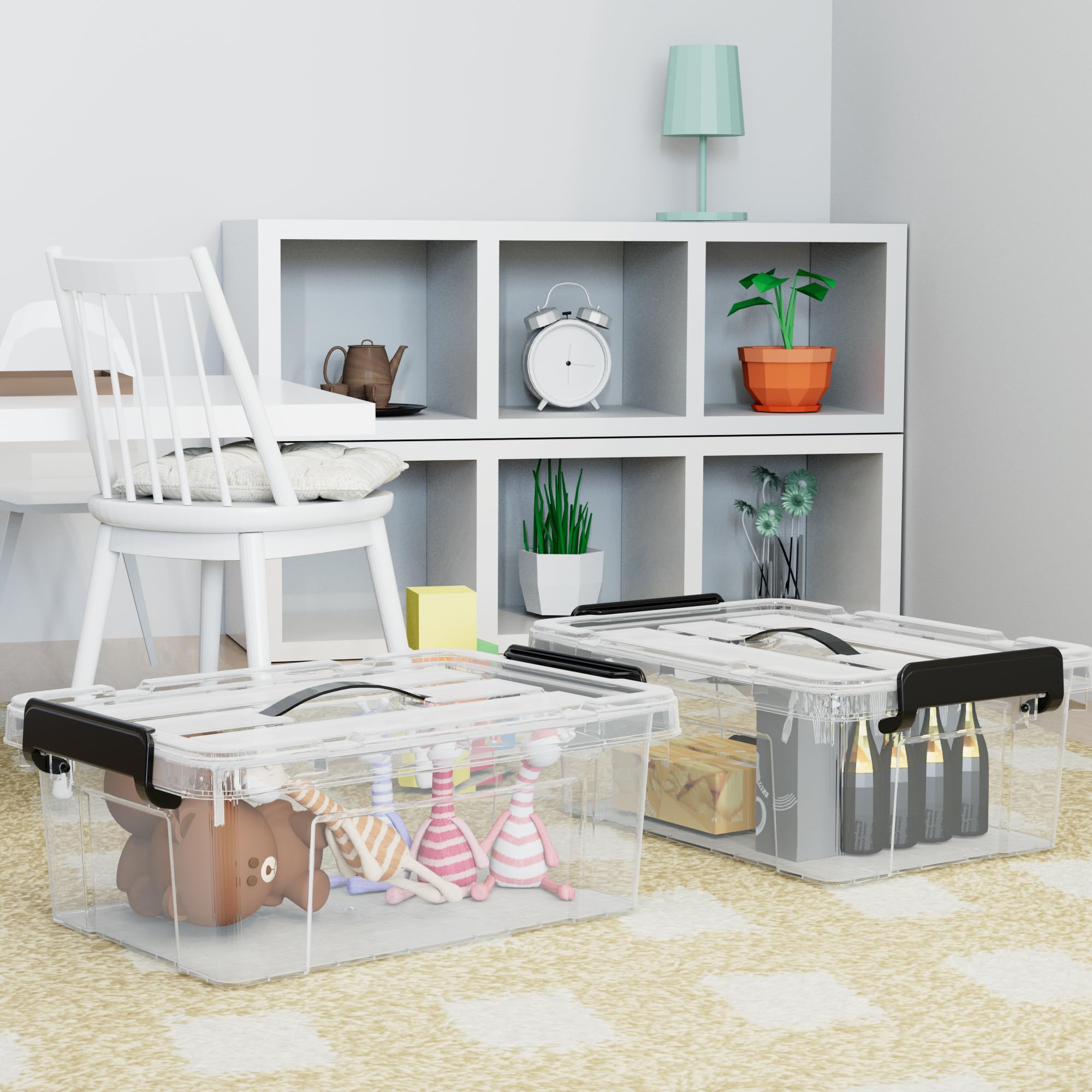 Cetomo 16Qt*4 Plastic Storage Bins, Storage Box, 4 Pack, Tote Organizing Container with Durable Lid, Secure Clips and Handle, Stackable and Nestable, Clear with Black Buckle