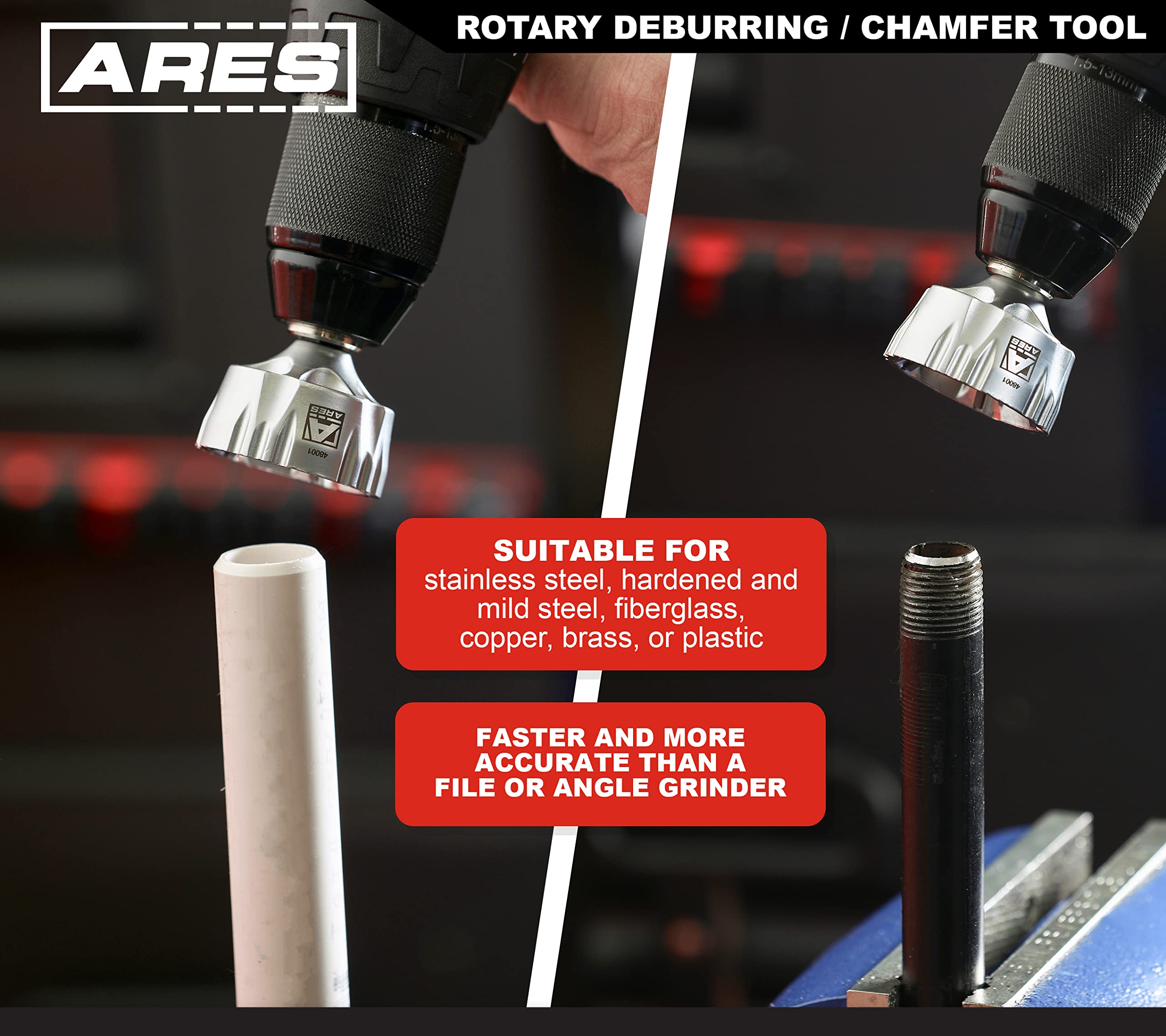 ARES 48001 – External Rotary Deburring & Chamfer Tool (13-36mm) – 3/8-Inch Shank for Use with Drill or Hex Driver - Clean and Repair Threaded Fasteners, Studs, and Bolts