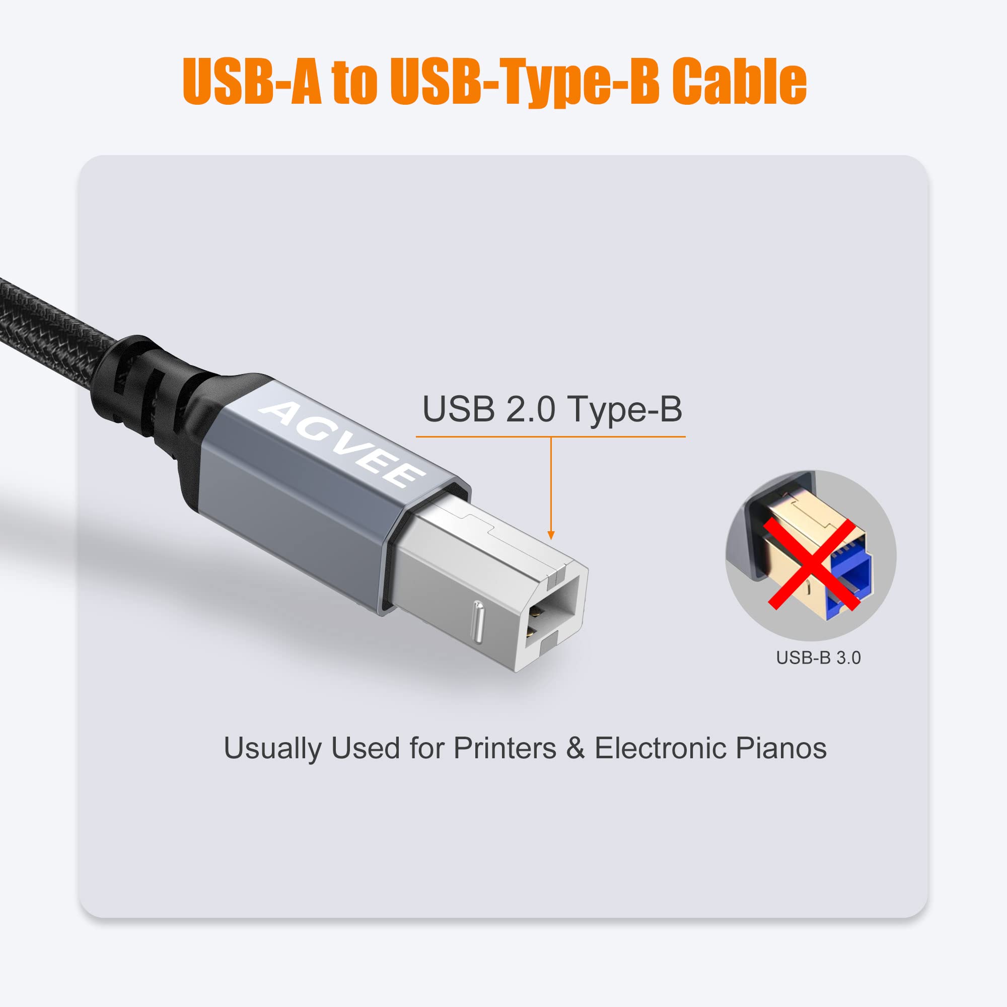AGVEE [2 Pack 6.6ft USB Printer Cable, A to B MIDI Cable Cord, Braided Stable Data for HP Canon Epson Brother Printer, Piano, Midi Controller, Midi Keyboard, Audio Interface Recording, Black