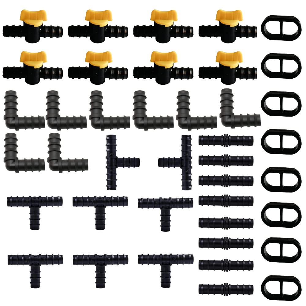 40 Pieces Drip Irrigation Fittings Kit 1/2" Tubing Set, 8 Tees, 8 Couplings, 8 Elbows, 8 Straight Connector with tap and 8 End Cap Plugs for Drip Irrigation Systems