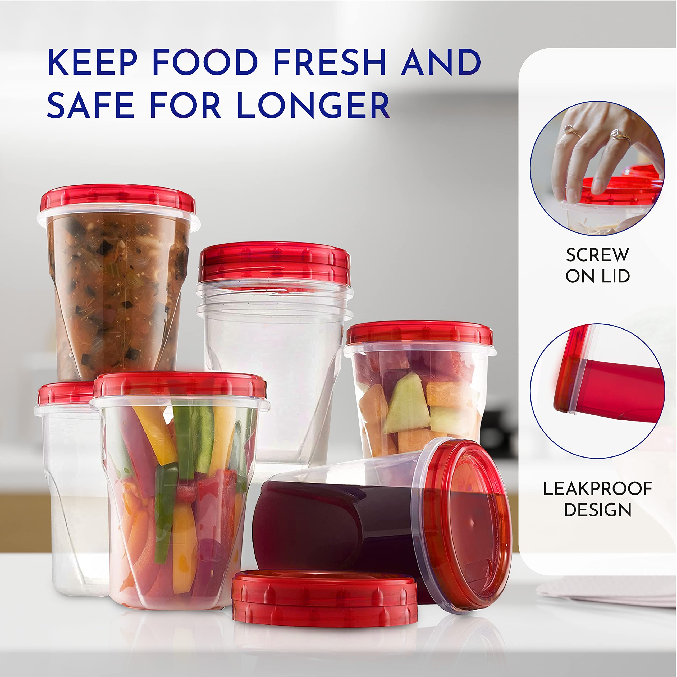 AQUA BLUE Soup Freezer Storage Containers with Twist Top Lids [32 Oz 10 Pack] Reusable Plastic Food Quart Storage Container with Screw On Lids, Leakproof, Stackable, Microwave Safe BPA Free