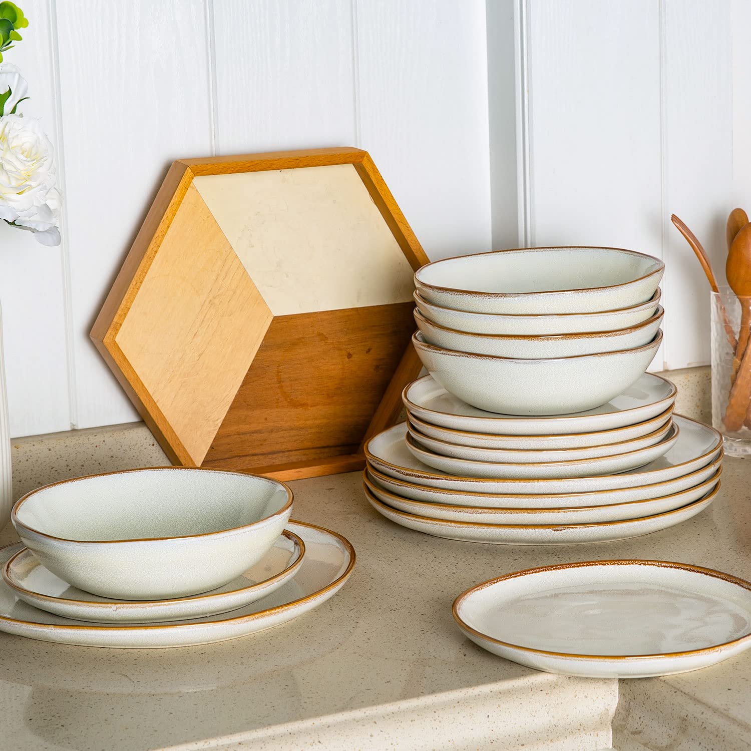AmorArc Ceramic Dinnerware set, Service for 6 (18pcs), Stoneware Plates and Bowls Set,Highly Chip and Crack Resistant | Dishwasher & Microwave Safe,Ivory-Rustic Style
