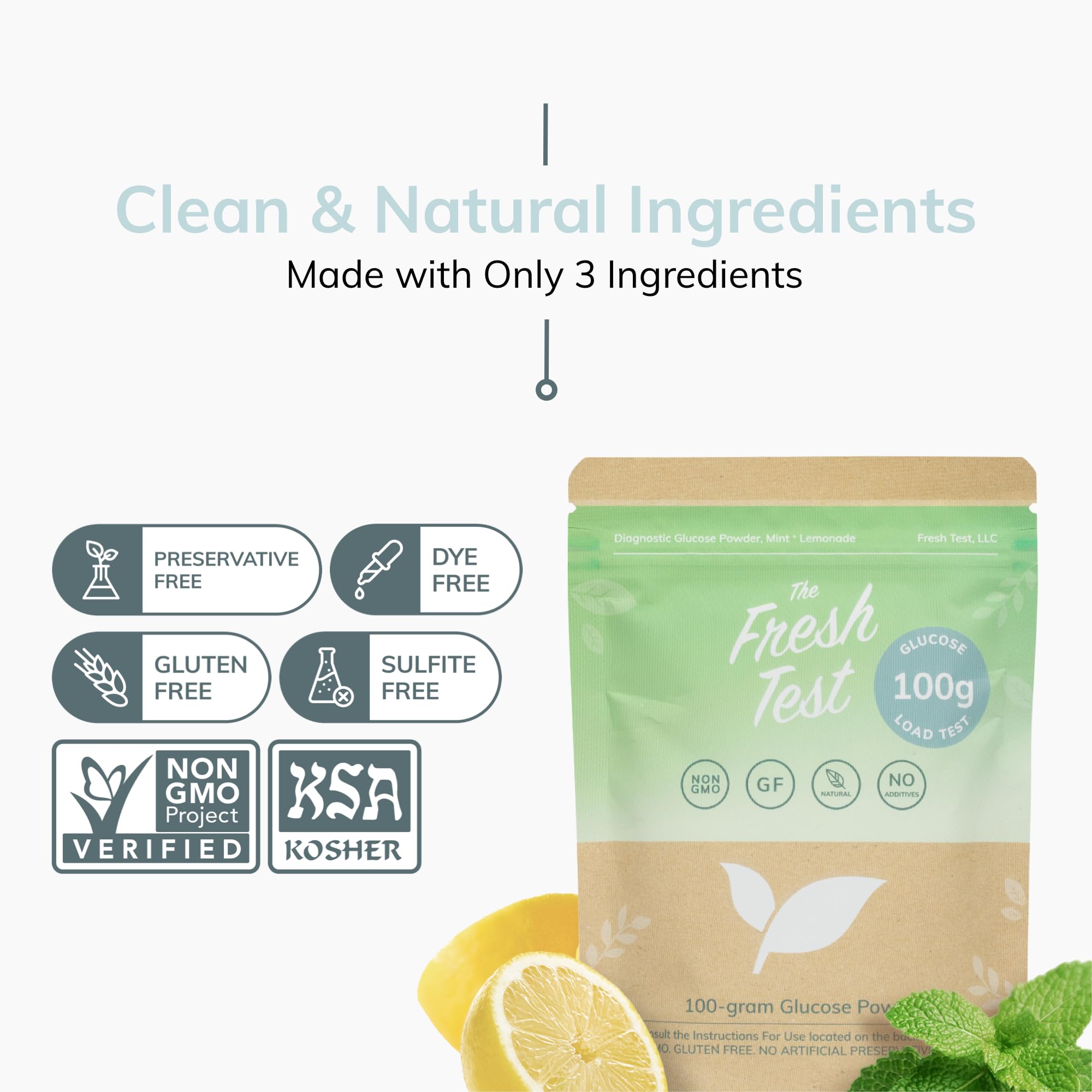 The Fresh Test® Glucose Beverage, 100 gram Powder Drink Mix | Additive-Free, Non-GMO, Organic Ingredients | Mint Lemonade