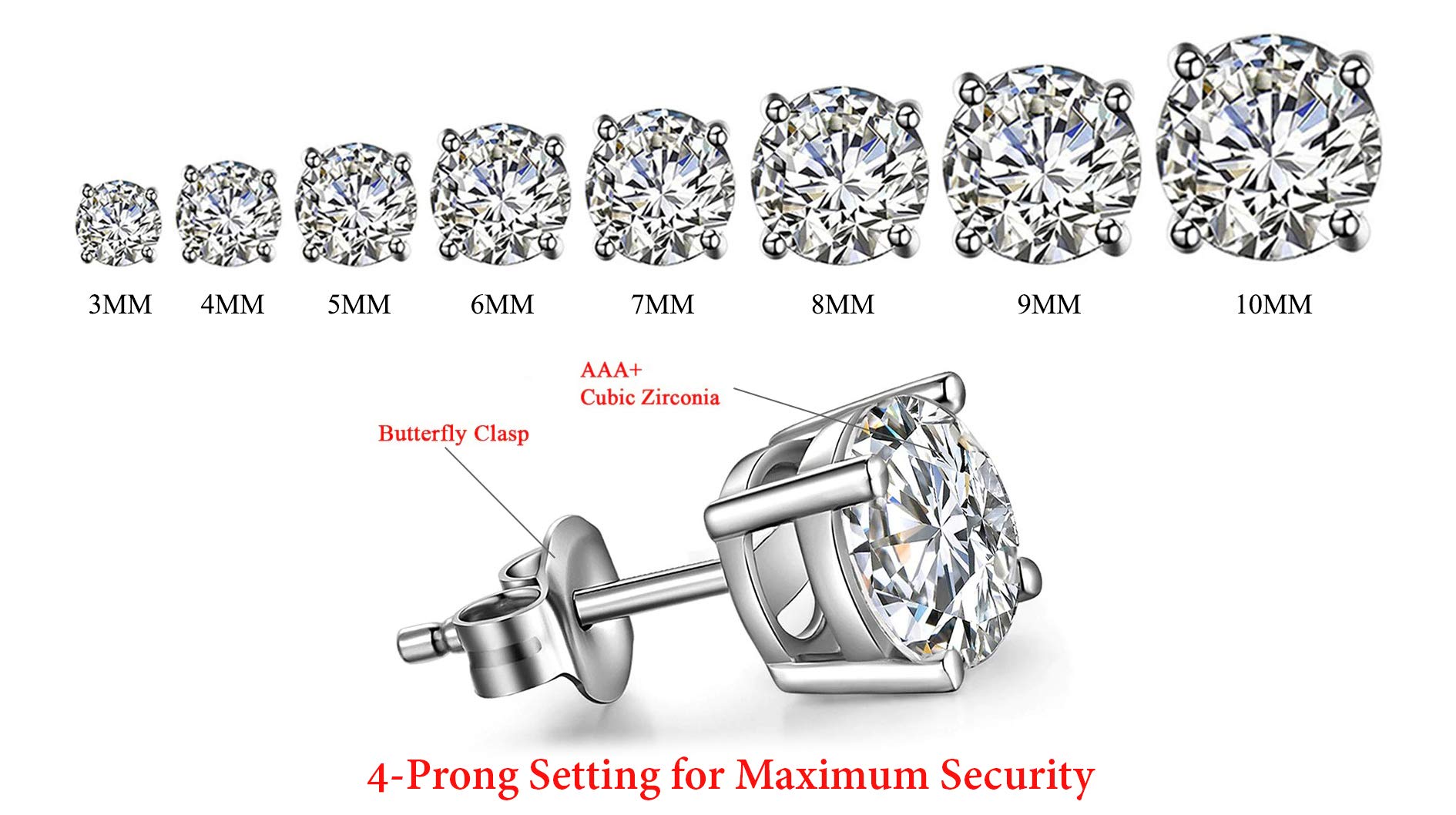 925 Sterling Silver Uninsex 3mm - 10mm Round Clear Cubic Zirconia CZ Rhodium Stud Earrings, Giorgio Bergamo (6,8,10mm)
