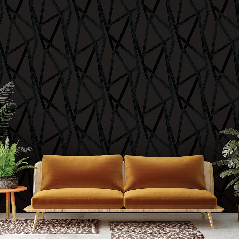 Tempaper x Genevieve Gorder Metallic Black Intersections Removable Peel and Stick Wallpaper, 20.5 in X 16.5 ft, Made in The USA