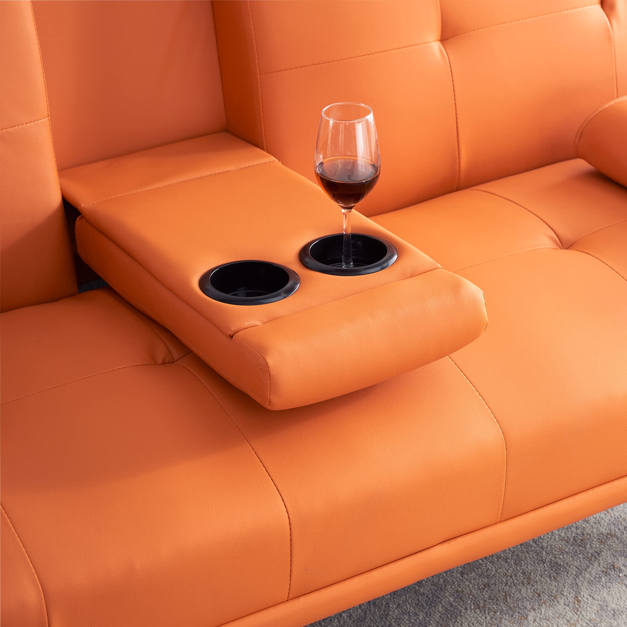 Anwickhomk 67" Multifunctional Double Folding Sofa Bed with 2 Cup holders,Leather Couch Loveseat Sleeper with Removable Armrests,Convertible Folding Couches Bed for Office Small Spaces (Orange)