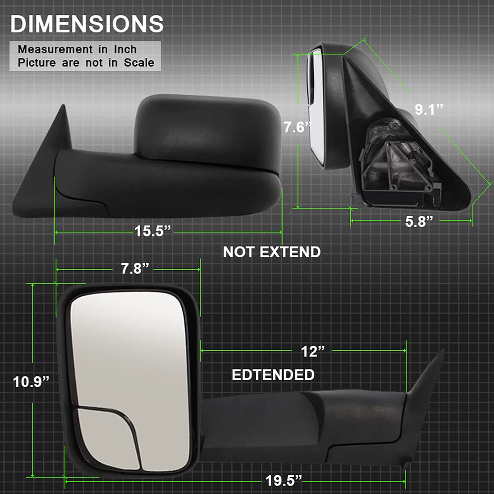 ACANII - Telescoping Flip Up MANUAL Towing Mirrors Non Heat For Left+Right 1994-2001 Dodge RAM 1500 94-02 2500/3500