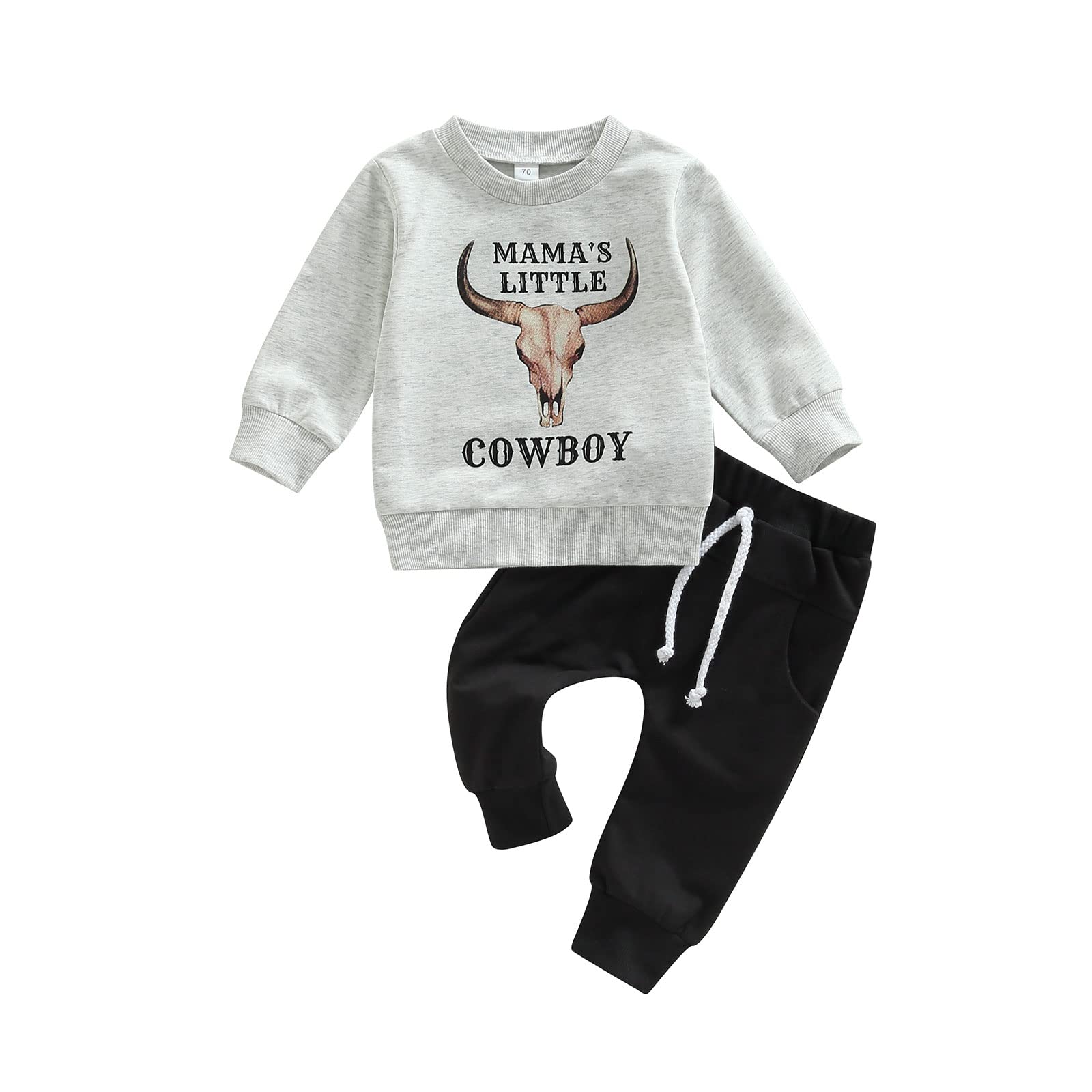 AEEMCEM Western Baby Boy Clothes Cow Print Sweatshirt Pullover Top Jogger Pants Set 2Pcs Toddler Boy Fall Winter Outfits (Mama's Little Cowboy, 12-18 Months)