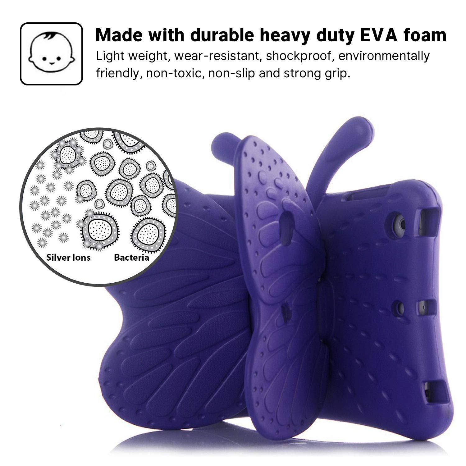 Simicoo iPad 7 8 9 10.2 Kids Case 3D Cute Butterfly 10.2 inch ipad 9th 8th Generation Tablet Case For Kids Girls Light weight EVA Foam Stand Shockproof Rugged Heavy Duty Kid Friendly iPad Cover Purple