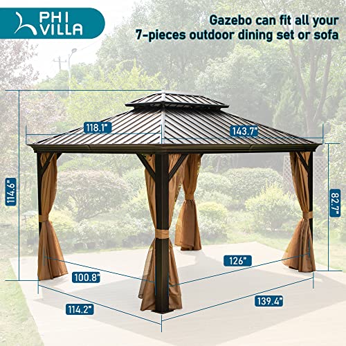 PHI VILLA 10' X 12' Outdoor Hardtop Gazebo on Clearance, Double Roof Gazebo with Curtains and Netting, Permanent Pavilion Gazebo with Aluminum Frame for Patios, Gardens, Lawns(Brown)