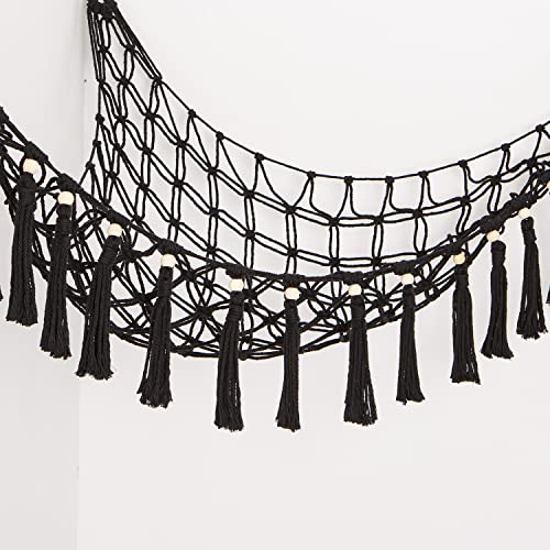 MAKEONEWO Stuffed Animal Toy Hammock Hanging- Macrame Toy Hammock with Tassels-Stuff Animals Organizer Storage Boho Large Corner Plush Toys Net Holder for Nursery, Play Room, Kids Bedroom (Black), 1 Pack