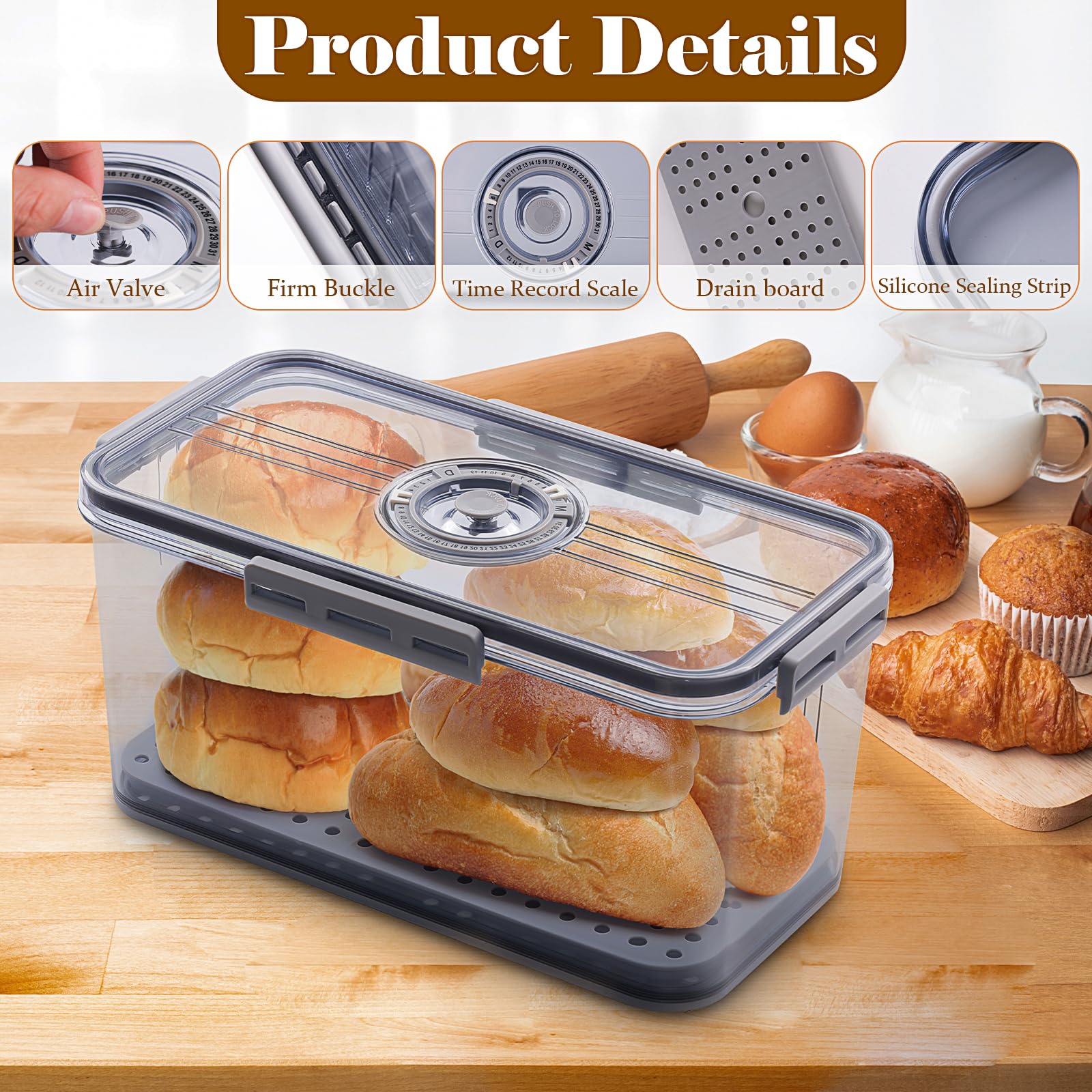 Bread Box Bread Storage for Homemade Bread, Airtight Bread Container Time Recording Bread Boxes for Kitchen Counter, Bread Keeper Bread Containers Storage Airtight Loaf, Grey