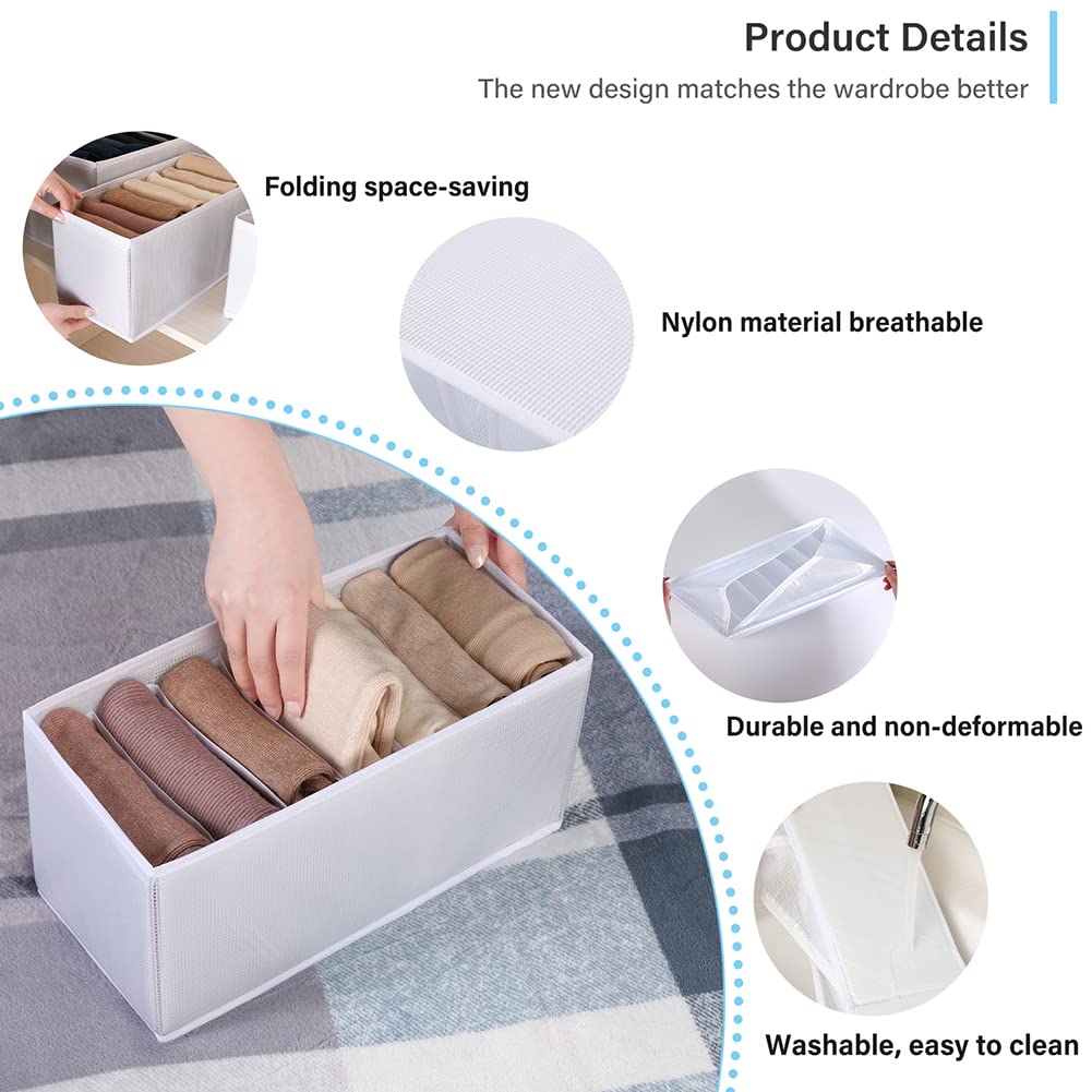 Grids Wardrobe Clothes Organizer Jeans Leggings Compartment Storage Box Closet Transparent Foldable Closet Drawer Organizer For Bedroom Set Of 2 (7 Jean gird, White)