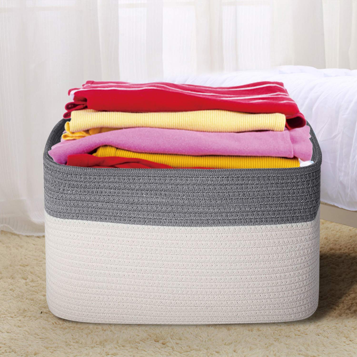 ANMINY 3PCS Woven Cotton Rope Storage Baskets with Handles Large Washable Basket Set Decorative Storage Bins Boxes Blanket Clothes Towel Laundry Organizer Containers - White/Gray