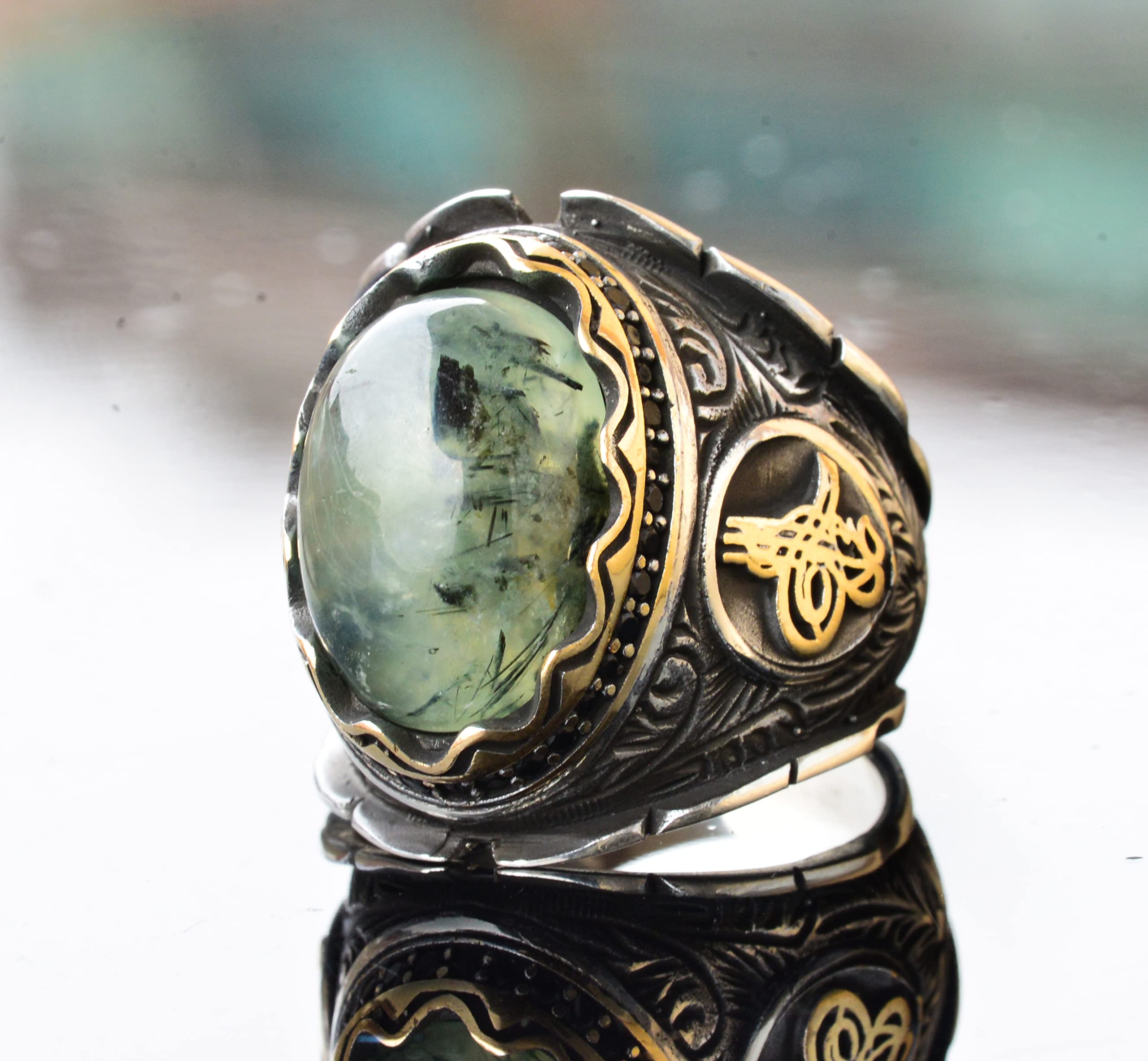 925 Sterling Silver Men's Ring with Natural Prehnite Stone, Handcrafted Unique Design, Green Gemstone Ring for Men