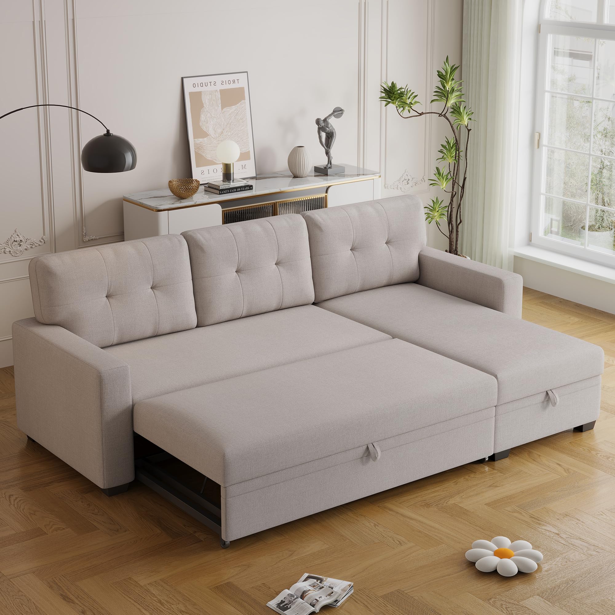 ACQCA 82" L Shaped Sleeper Sofa, Pull Out Couch Bed with Storage Chaise and 3 Tufted Back Cushion for Living Room,Apartment,Office,Beige