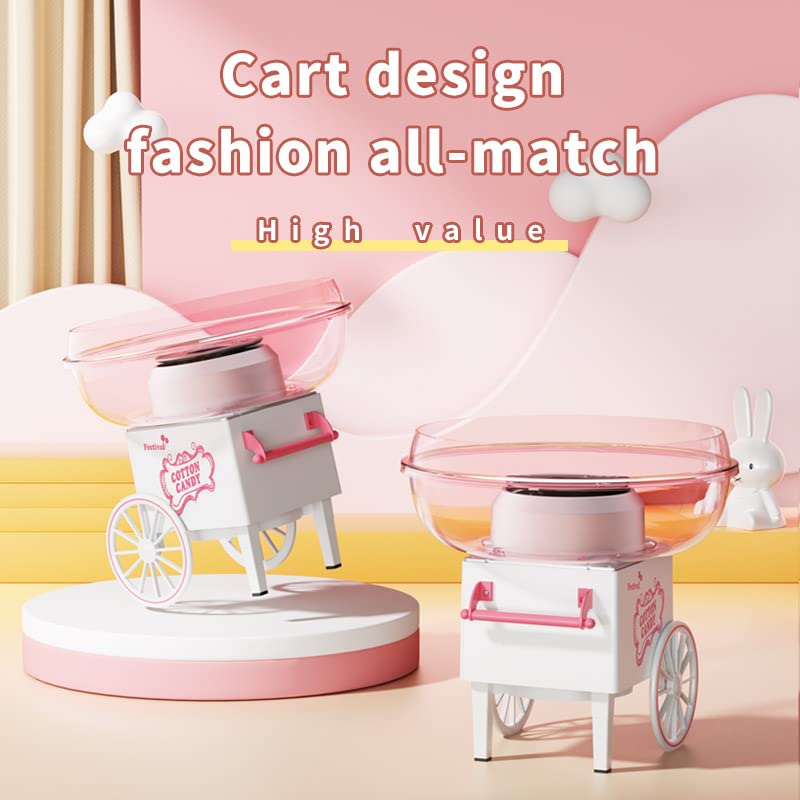 KLLsmDesign Cotton Candy Machine for Kids, Cart Design Desktop Electric Cotton Candy Maker with 10 Reusable Cones & Sugar Scoop for Children's Birthday Gift Family Party Holiday Use