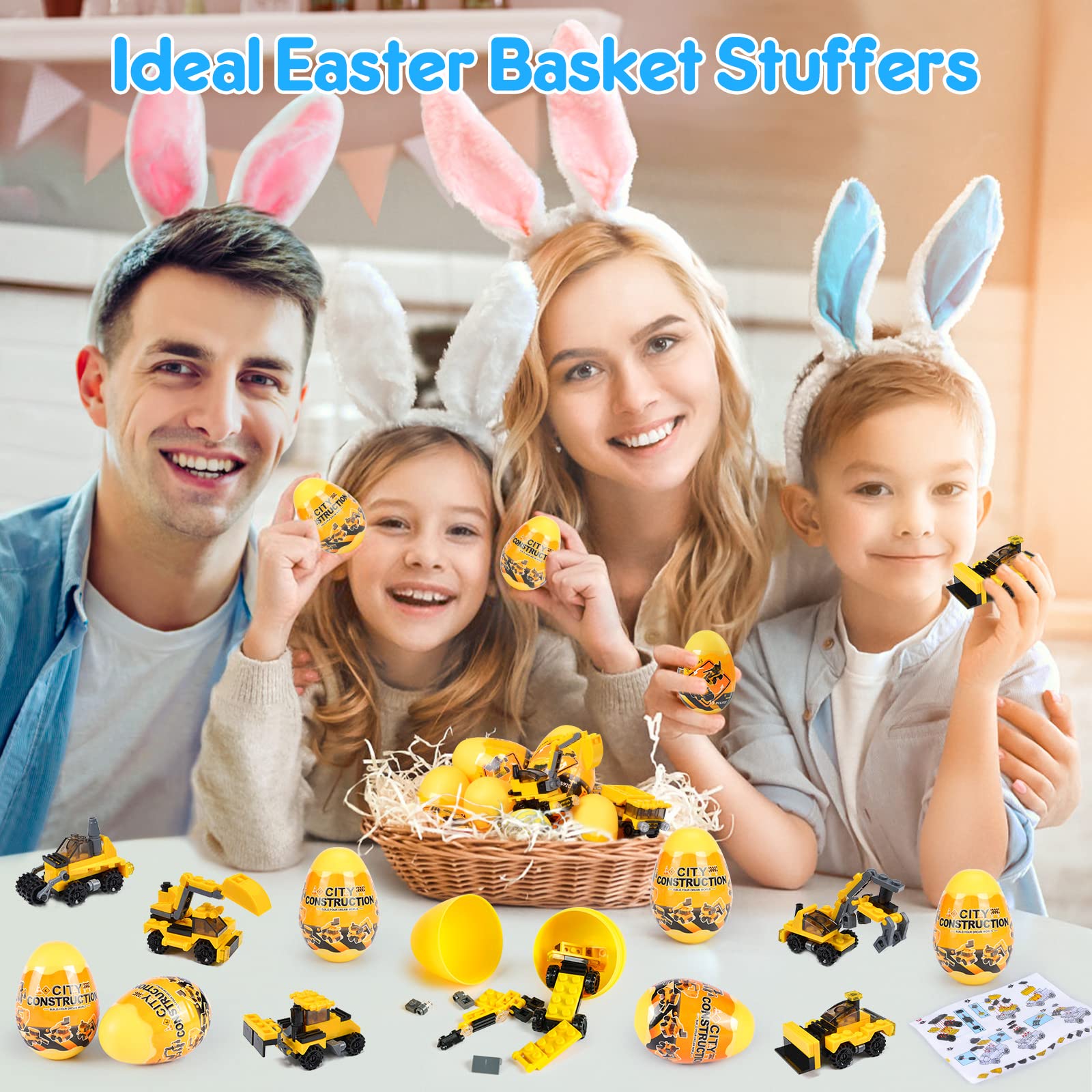 EZIGO Easter Eggs Fillers with Construction Vehicles Building Blocks, 12 Pack Bulk Toy, Basket Stuffers Easter Party Favors Supplies Classroom Prize Easter Hunts Gift for Kids