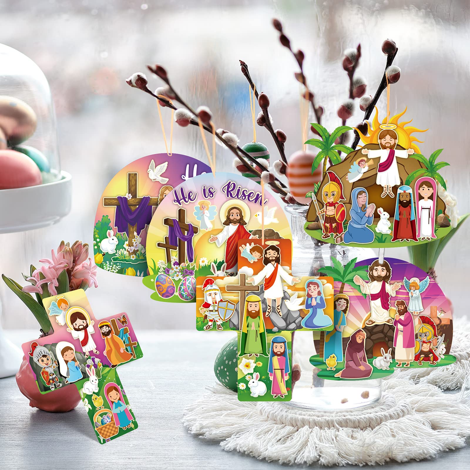 72 Sheets Easter Sticker He Lives Scenes Craft Kit with Rope for Kids Resurrection Stickers Jesus Cross He Is Risen Scene Sunday School Classroom Craft for Kid Party Game Easter Art DIY Project Supply