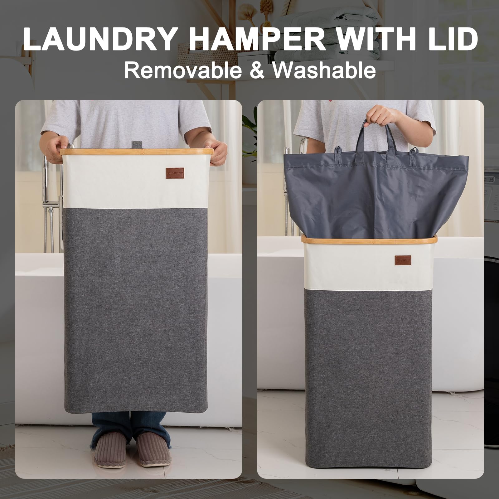 OIAHOMY Laundry Hamper With Lid, 100L Collapsible Laundry Basket With 2 Removable Inner Bags, Clothes Hamper With Bamboo Handles, Large Foldable Laundry Hamper, Dirty Clothes Hamper for Bedroom (Grey)