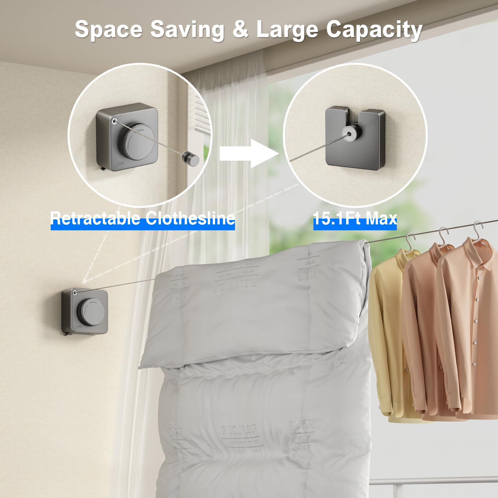MUSTORN Retractable Clothesline Indoor, Non-Sagging Outdoor Clothes Line Retracting Heavy Duty Clothes Drying Laundry Line Wall Mounted Stainless Steel Line-15.1 Feets(Square-Grey)
