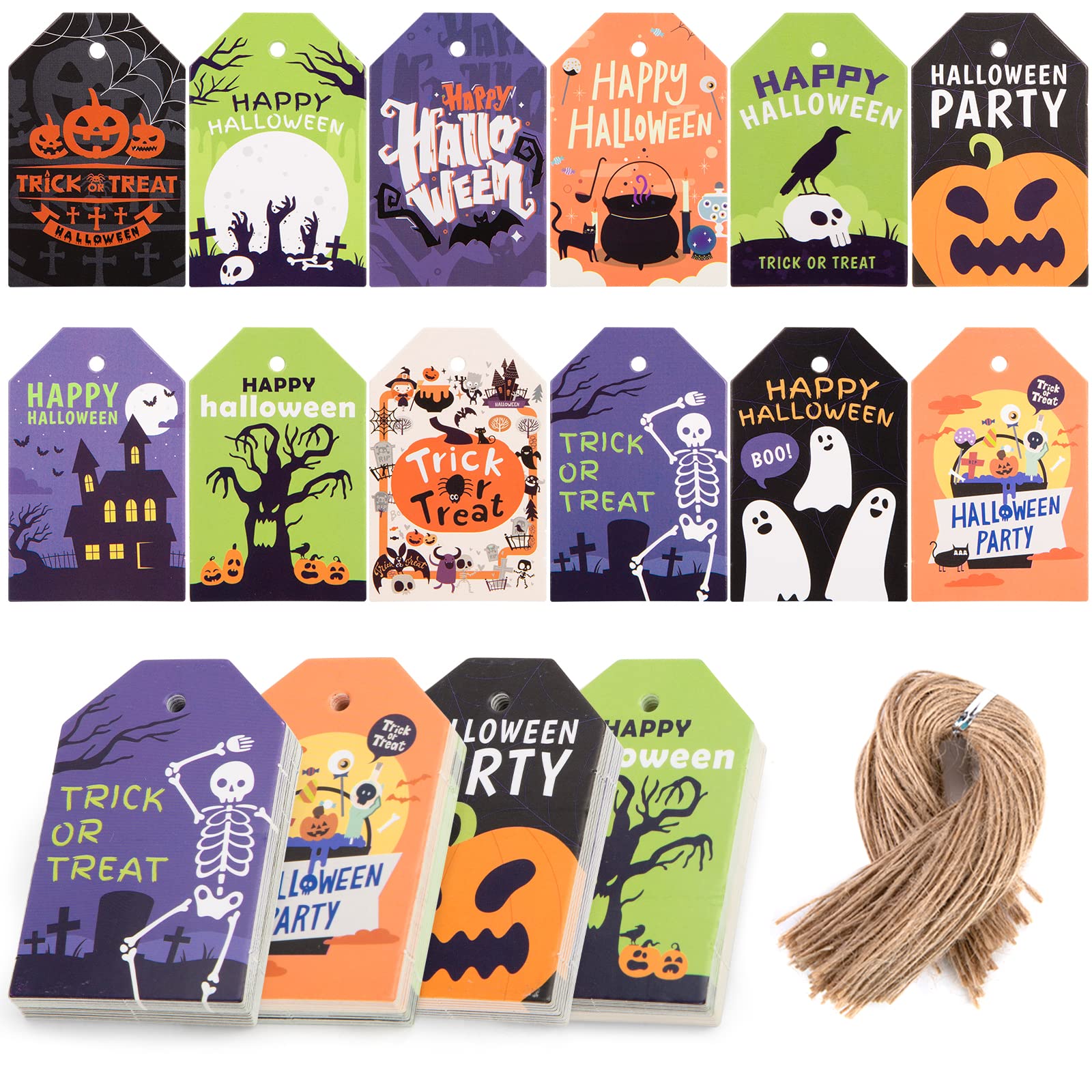 Starrky Halloween Hanging Tags, 120PCS Halloween Tags Bulk Halloween Theme Tags with Strings for Hanging Decoration Halloween Party Candy Bag