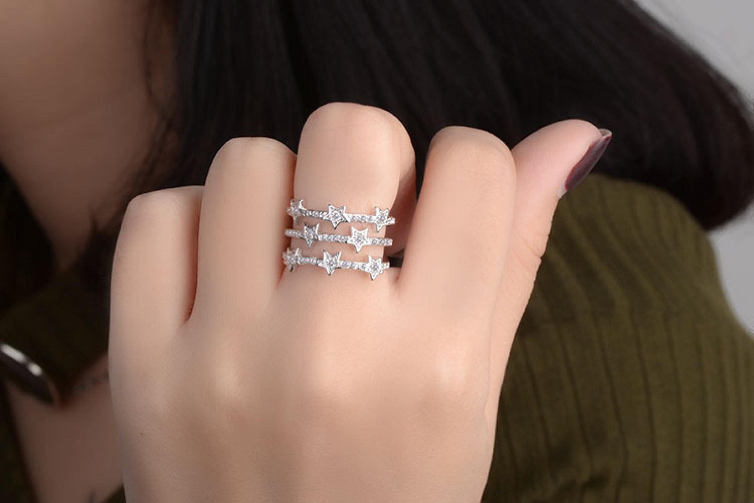 925 Sterling Silver Multilayer Star Ring, Women'S Adjustable Size Ring Silver