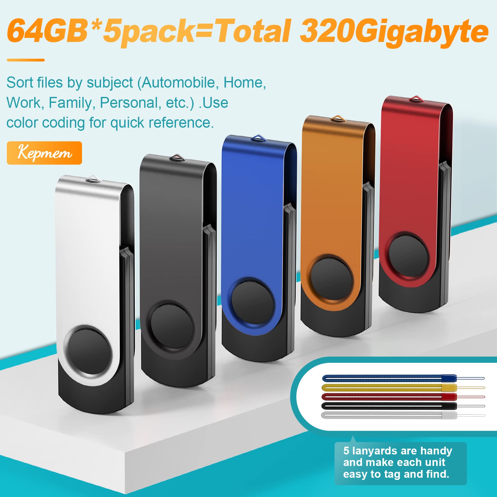 Flash Drive 32GB 5 Pack USB Thumb Drives, USB 2.0 Pen Drive Bulk Swivel USB Stick, Kepmem Metal Jump Drive 32 GB Zip Drive Data Storage with Lanyards for Photos, Video, MAC, PC