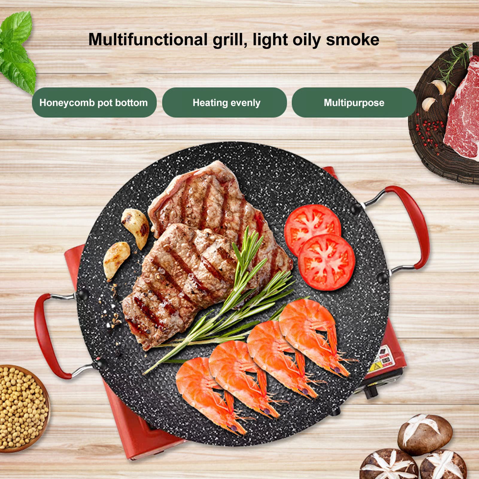 Aqur2020 Korean BBQ Grill Pan, Medical Stone 6 Layer Coating Round Griddle Pan with Anti Scalding Handle for Gas Ceramic Stove (38cm)