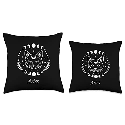 Aries Astrology Zodiac Sign Horoscope Moon Phase Aries Zodiac Sign Moon Phase New Age Mystical Cat Throw Pillow, 18x18, Multicolor