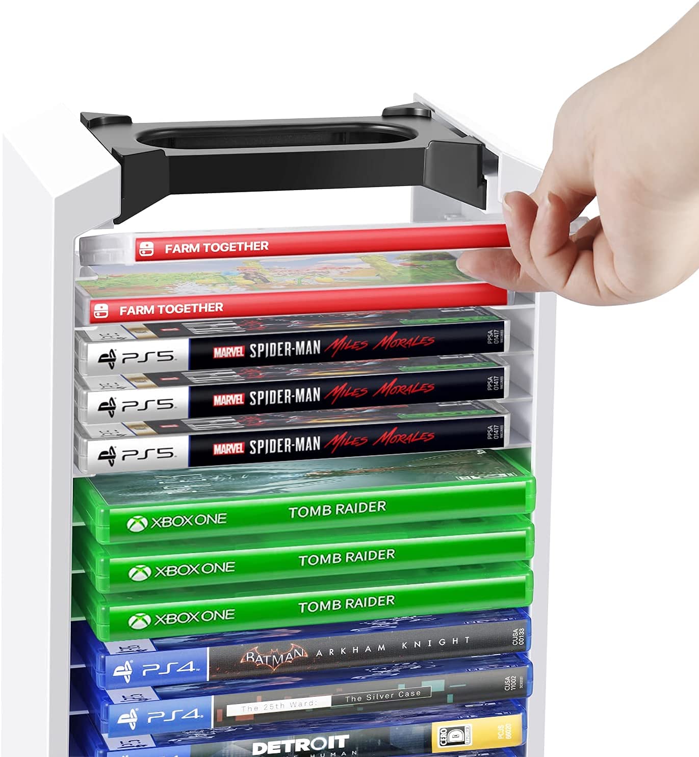 Eddrence PS5 Game Storage Tower Universal Games Storage Tower Stores 12 Game or Blu-Ray Disks Game Holder Rack for PS4, PS5, Xbox One, Xbox Series X/S, Nintendo Switch Games and Blu-Ray Disks