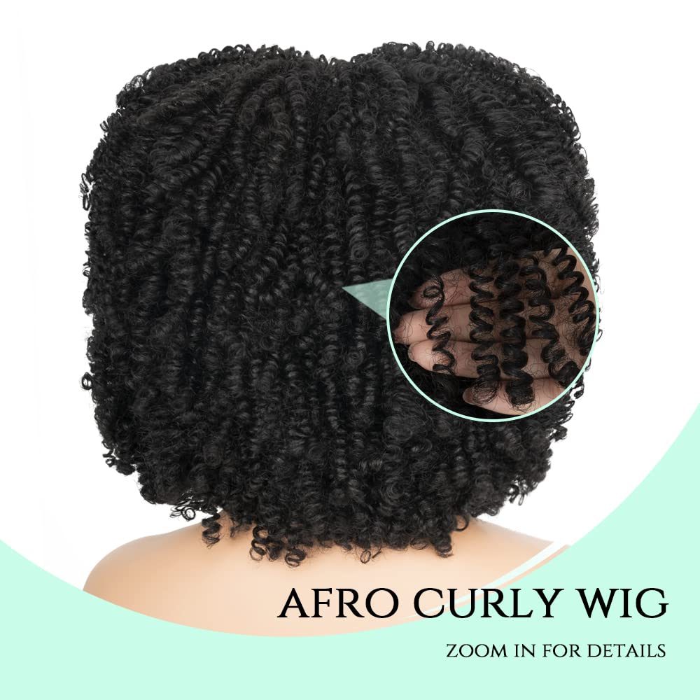 Aminow Afro Kinky Curly Wigs for Black Women Glueless Synthetic Short Curly Afro Wig with Bangs Natural Black 12 Inch