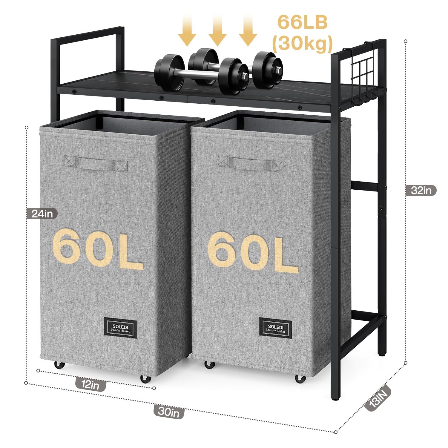 SOLEDI Double Laundry Hamper with Shelf, Rolling Laundry Basket with Wheels, Metal Frame Laundry Sorter Organizer, 120L Large Clothes Hamper for Laundry Room Bathroom Brown