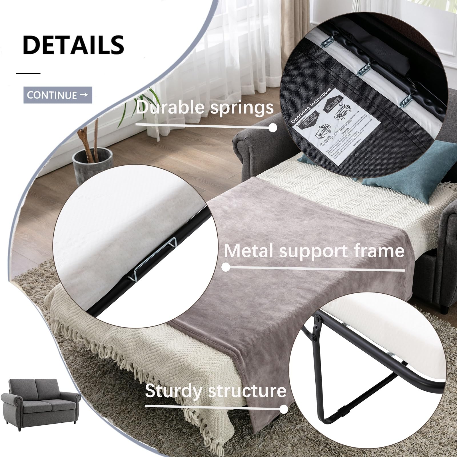 Luoyisimall Chaise Lounge Indoor Convertible Sofa Bed,57.5" Pull Out Futon Loveseat Sleeper w/Twin Size Memory Mattress,2-in-1 Sleeper Sofa Bed for Living Room,Apartment,Small Space (Gray)