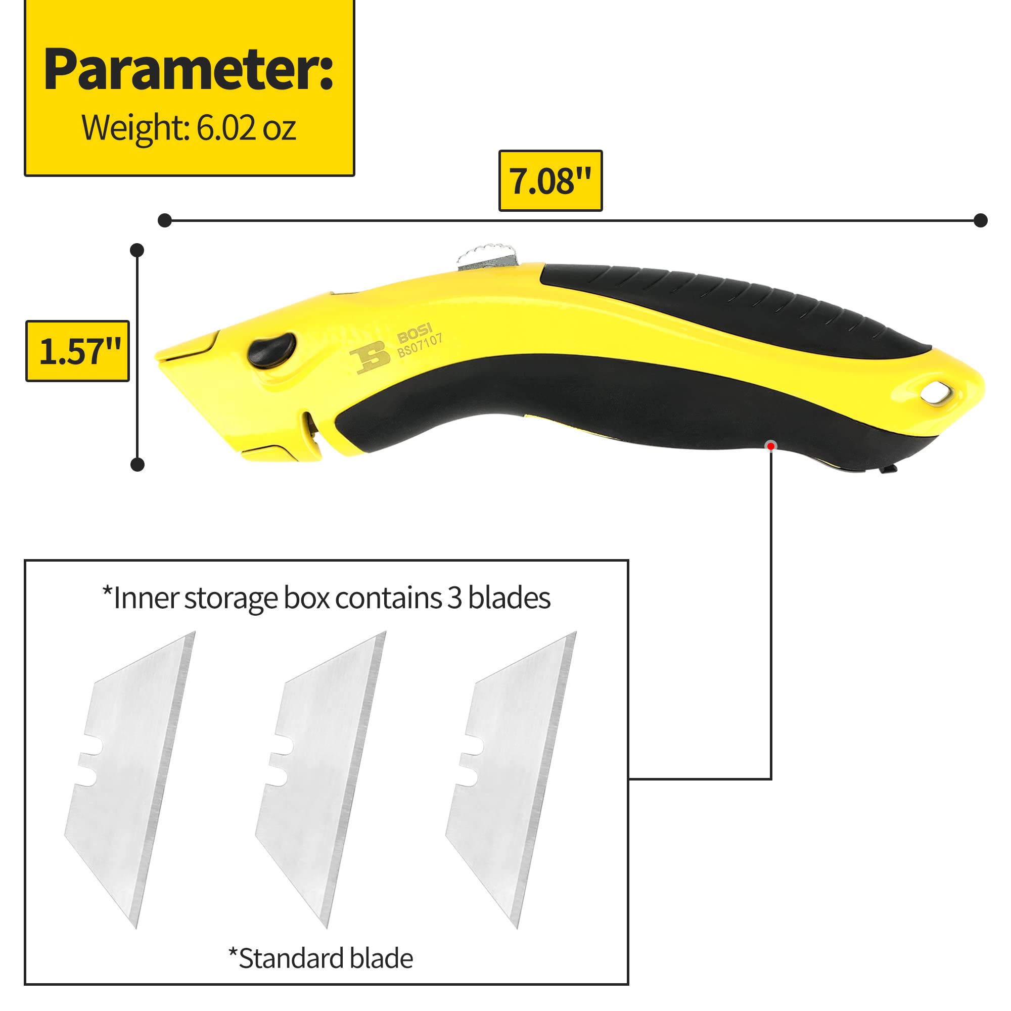 BOSI TOOLS Heavy Duty Utility Knife Retractable Box Cutter SK5 Stainless Steel Blade Quik Change Blade Storage Design 3 Spare Blades