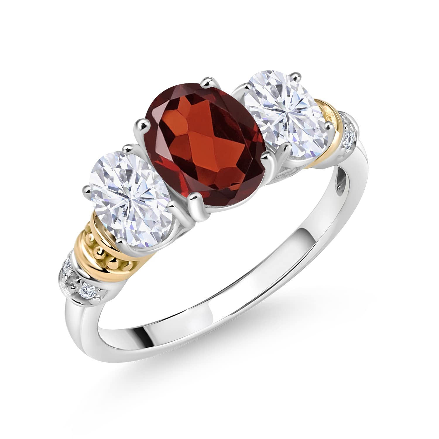 925 Sterling Silver and 10K Yellow Gold Oval Red Garnet White Moissanite and White Diamond 3 Stone Ring For Women (2.53 Cttw, Gemstone January Birthstone, Available In Size 5, 6, 7, 8, 9)
