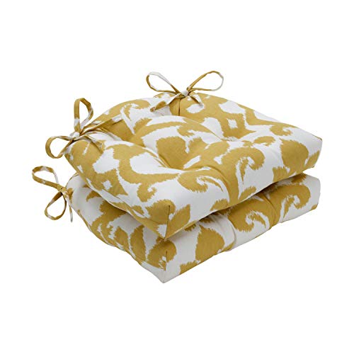 Pillow Perfect Paisley Outdoor Patio Reversible Chairpad with Ties Weather, and Fade Resistant, 15.5" x 16", Gold/Ivory Azzure, 2 Count