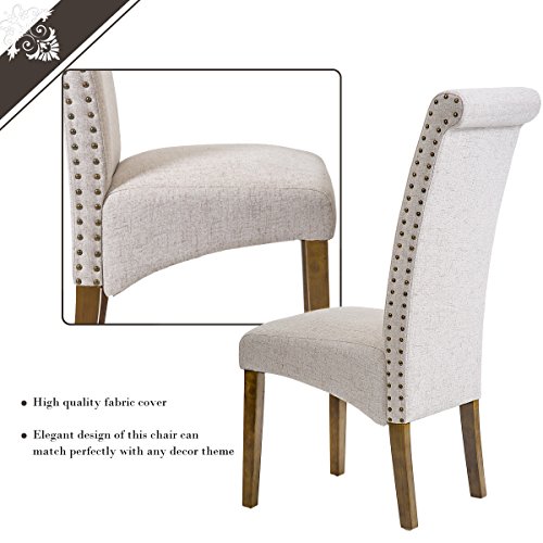 Merax Dining Chair Set of 2 Fabric Padded Side Chair with Solid Wood Legs, Nailed Trim(Beige)