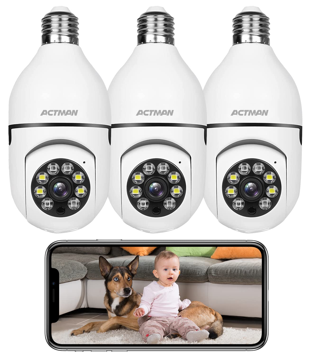ACTMAN 1080P Light Bul b Security Camera, Wireless WiFi Smart Camera with Color Night Vision, Motion Auto Tracking, 2-Way Sound Recording 3 Count (Pack of 1)