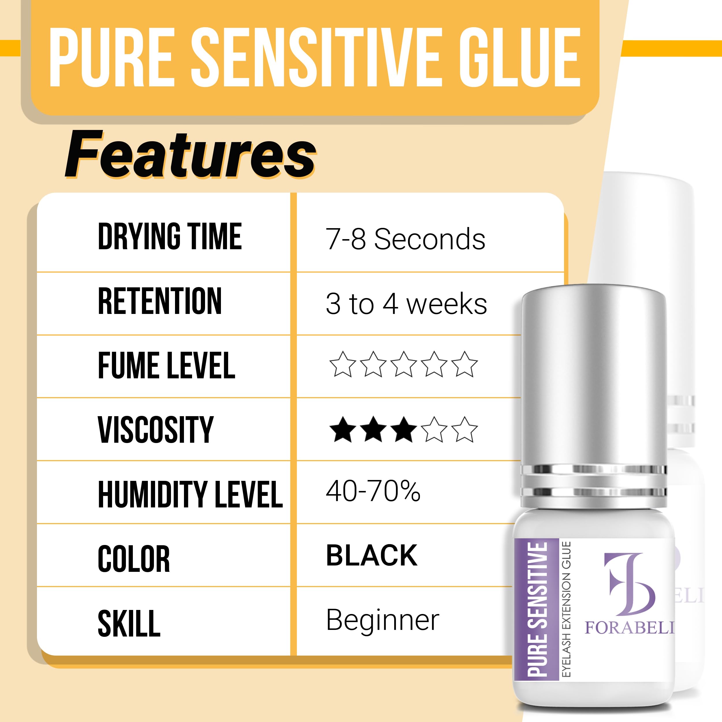 Forabeli Pure Sensitive Eyelash Glue 5ml - 7-8 Sec Drying Time, 3-4 Weeks Retention, Black Adhesive, No Fume, No Irritation