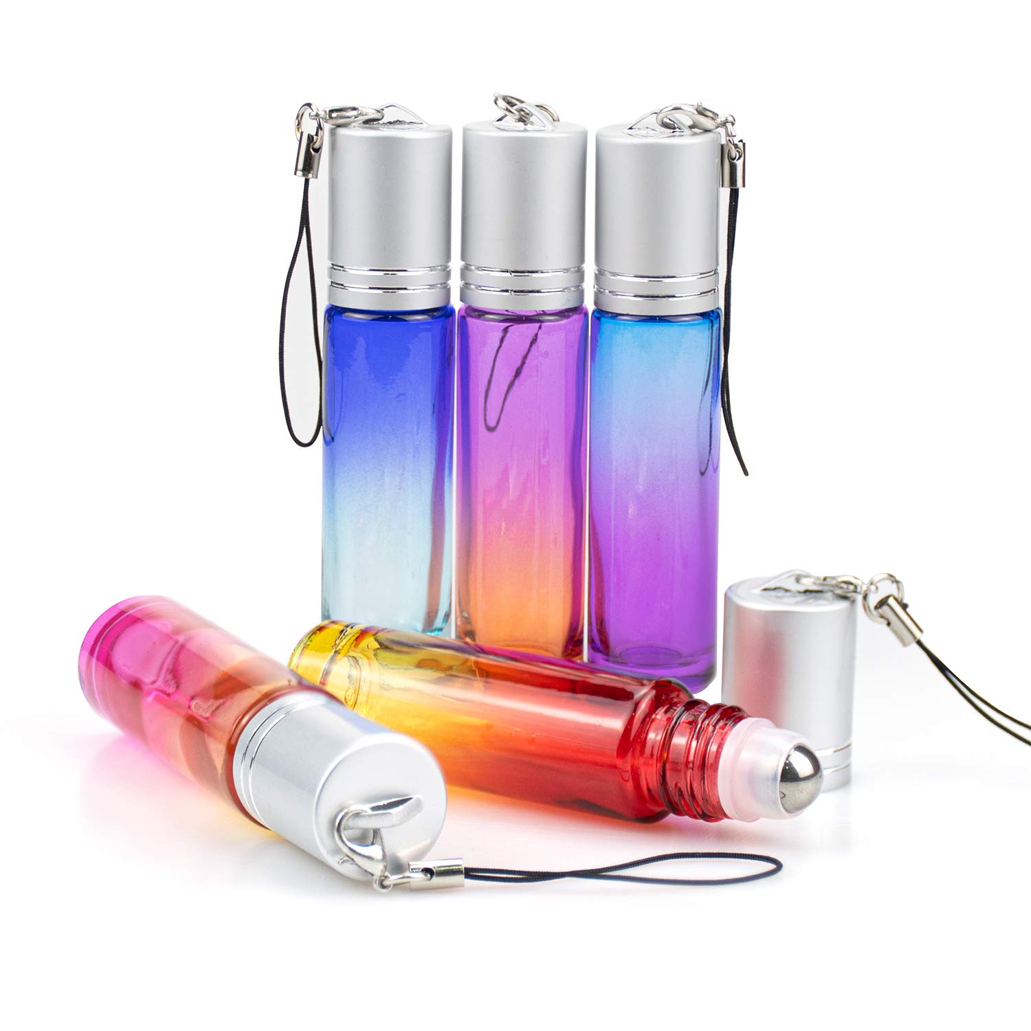 Foraineam 24 Pack 10ml Roller Bottles Gradient Color Glass Essential Oil Roller Bottle with Stainless Steel Roller Ball and Silver Hanging Lid